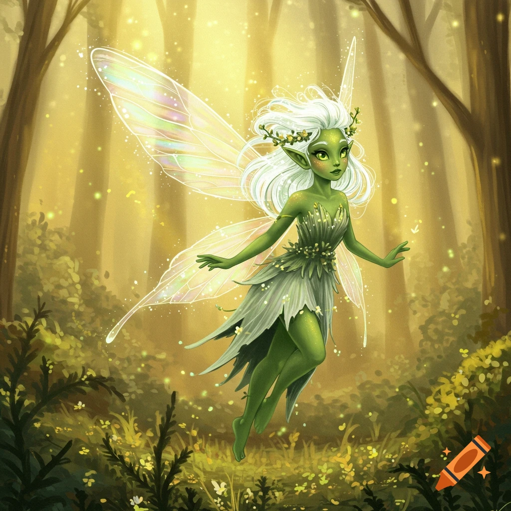 A pale-skinned fairy with purple hair and iridescent wings flies in a ...