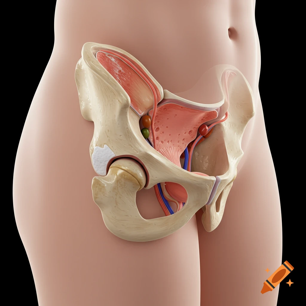 3D anatomical illustration of female pelvis bones and internal organs in side view. on Craiyon