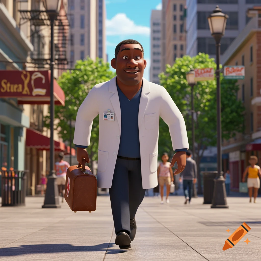 Jamaican American Black doctor walking in the city, Pixar animation ...