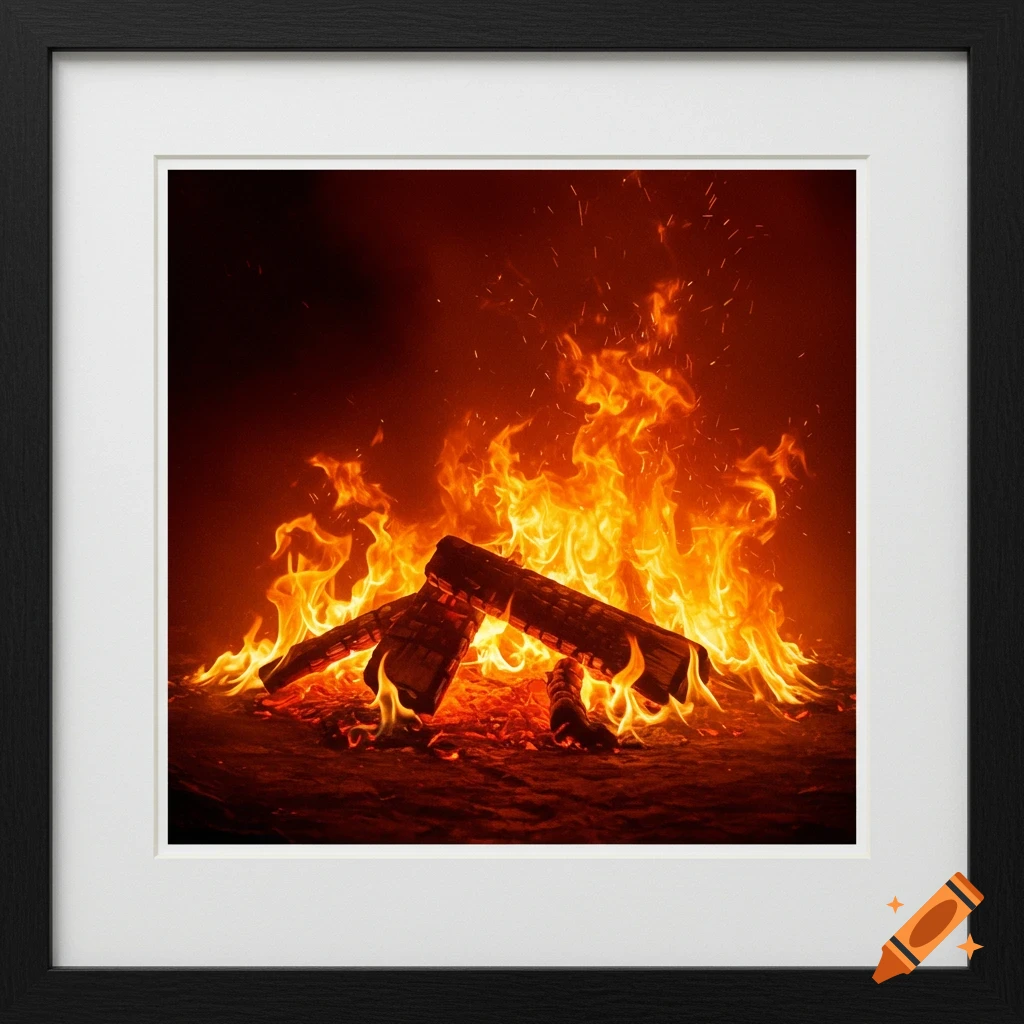 Art print of fire with white matte and black wooden frame on Craiyon