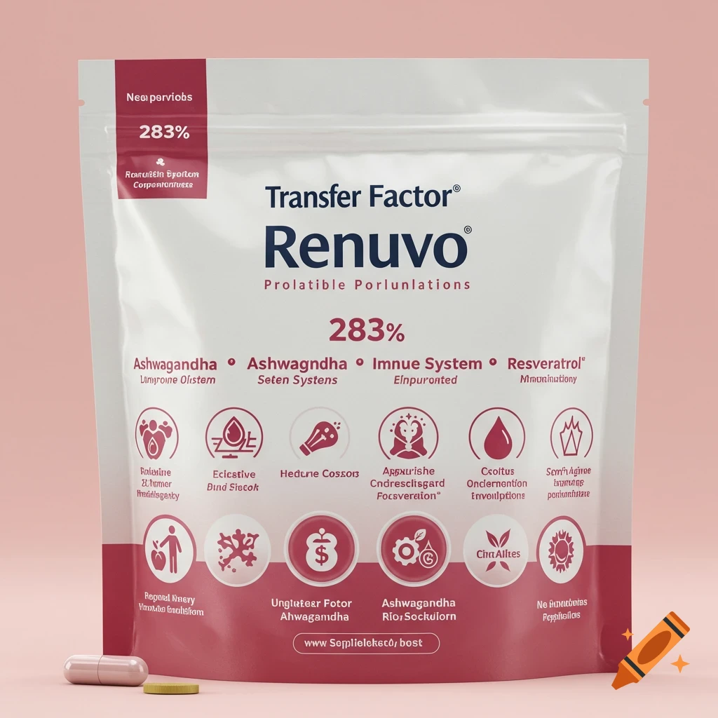 Transfer Factor Renuvo packaging with health supplements on Craiyon