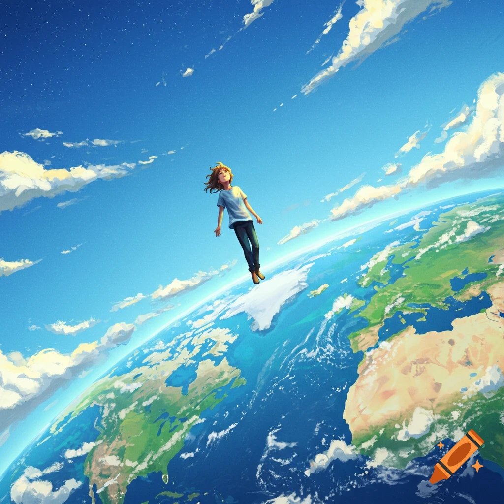 A person floats high above the Earth, clouds, and blue sky. on Craiyon