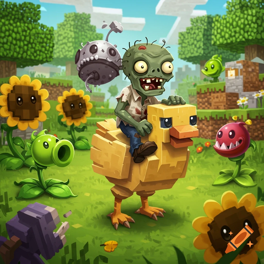 Plants vs Zombies zombie riding Minecraft chicken on Craiyon