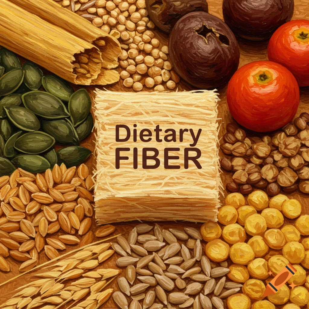 Various foods high in dietary fiber surrounding the text 'Dietary FIBER ...