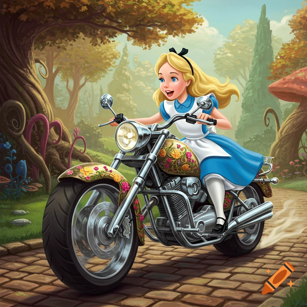 Alice from Wonderland riding a floral-decorated motorcycle on a ...