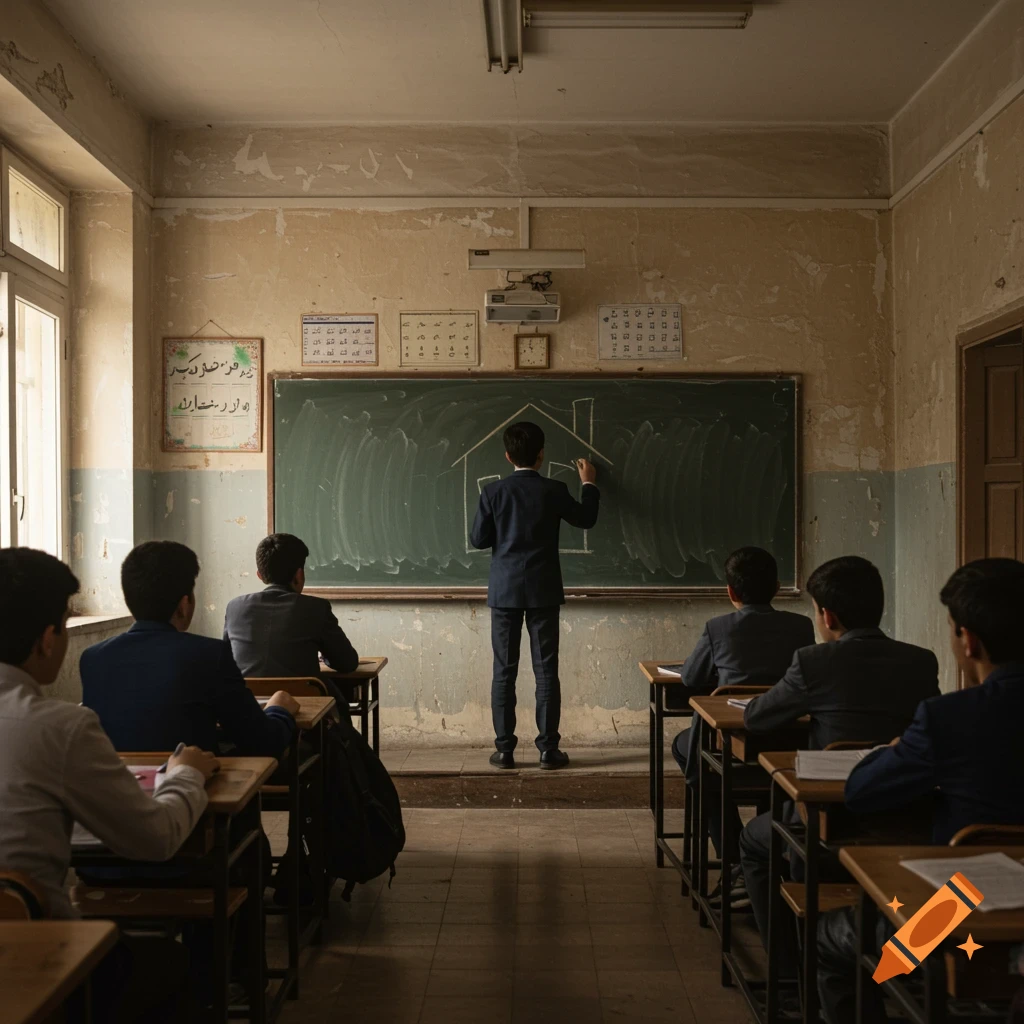 Cinematic shot of an Iranian classroom with a teenage boy drawing on ...