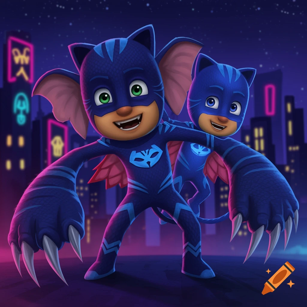 PJ Masks characters with claws, elephant trunk, and Bluey face. on Craiyon