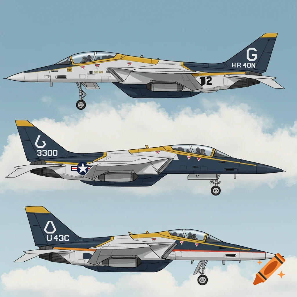 Three stylized jet airplanes in dark blue, yellow, and white liveries ...