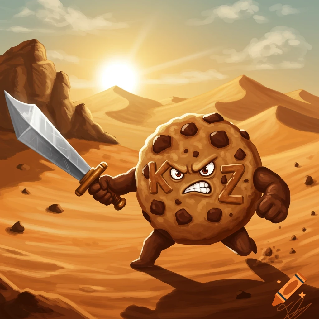 Cartoon chocolate chip cookie fighting in desert with letters KMZ on it ...
