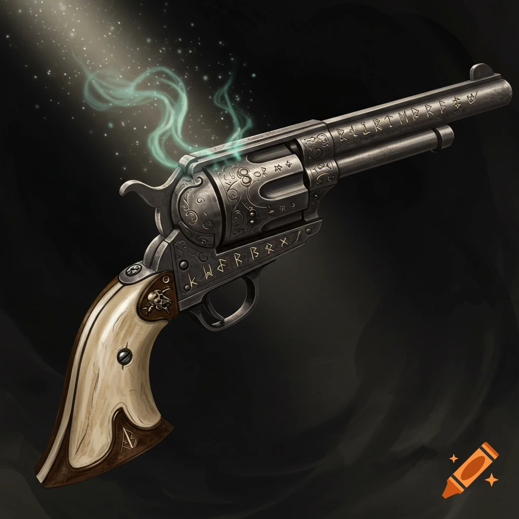 Magical single action revolver with intricate etching on Craiyon