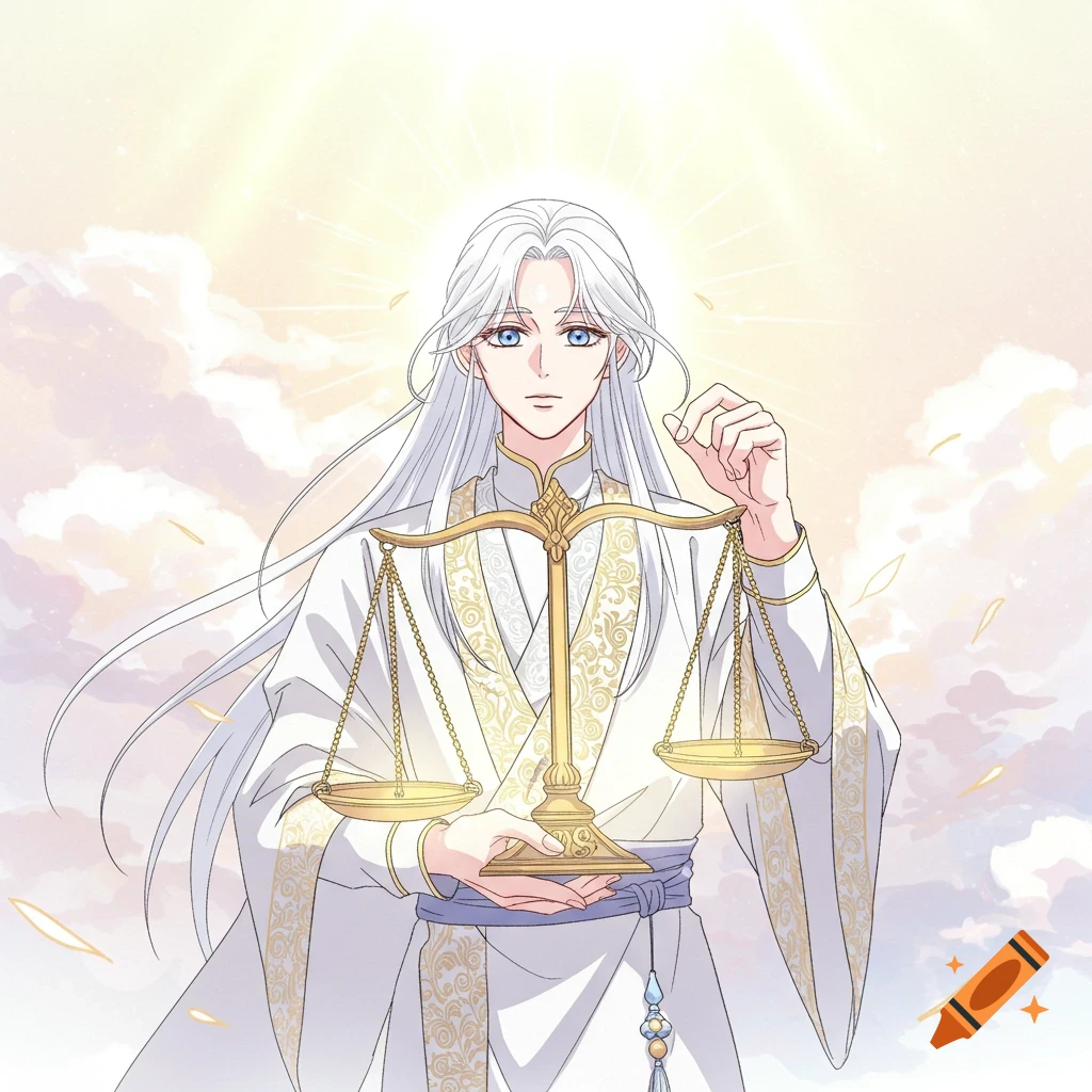 Manga drawing of a deity with long white hair holding golden scales in ...
