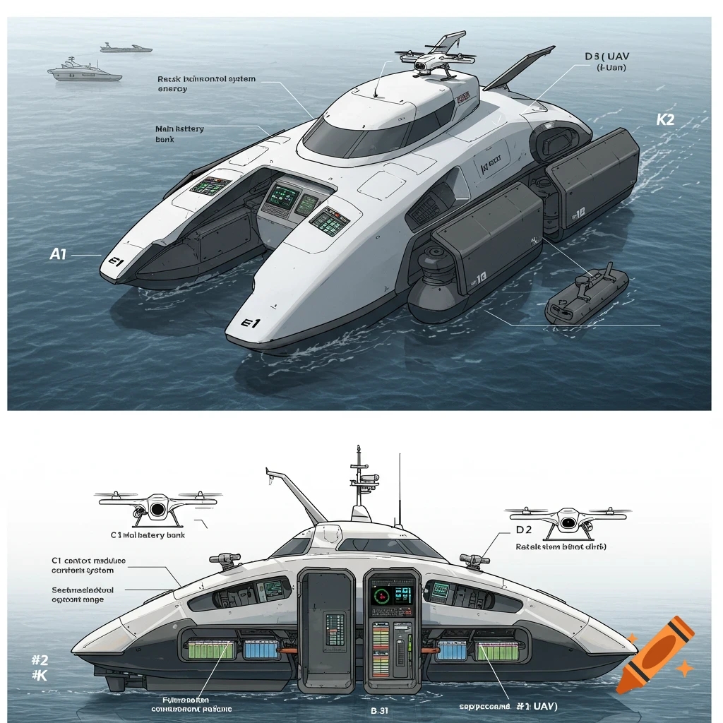 Futuristic modular unmanned boat with foldable design and drones on Craiyon
