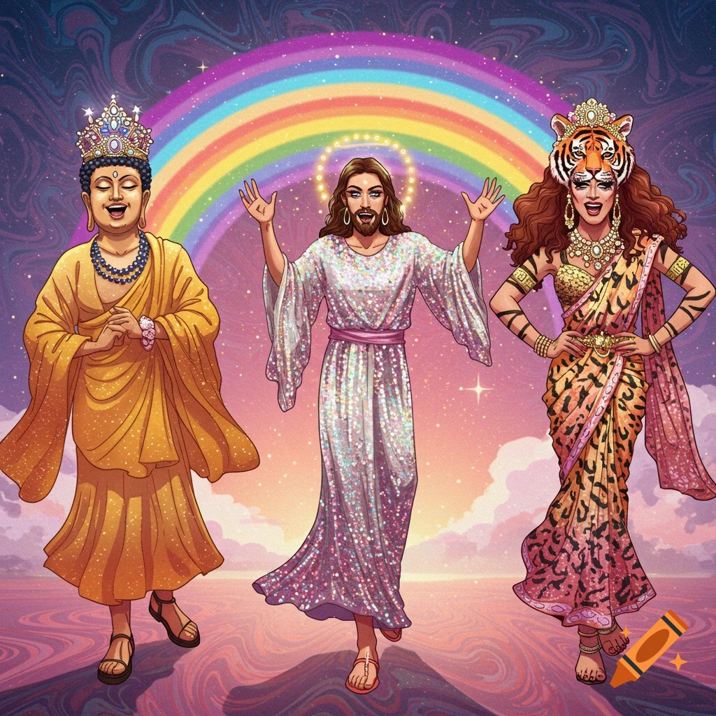 Buddha, Jesus, and Shiva as drag queens dancing under a rainbow on Craiyon