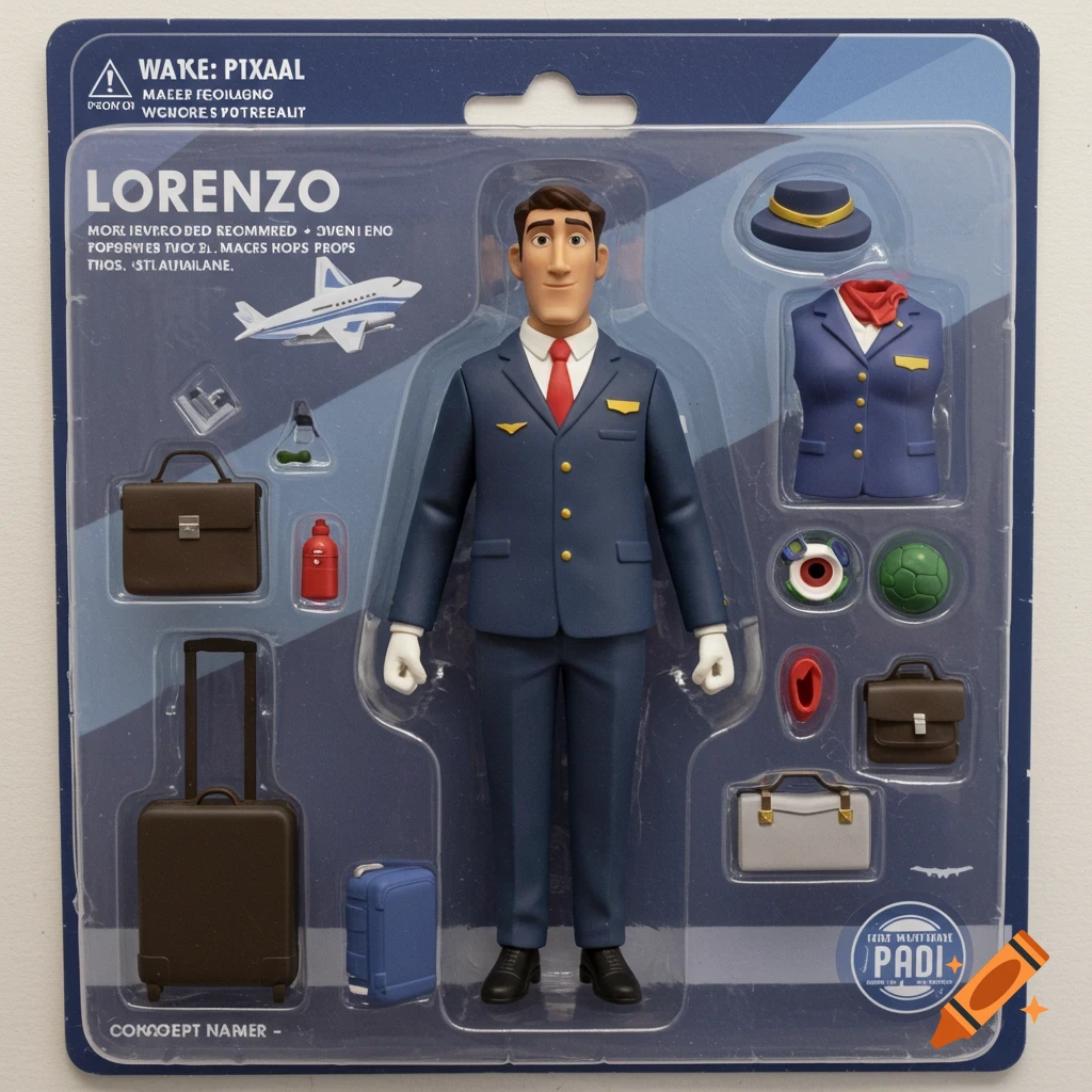 Action figure package for a male flight attendant with props, in a ...