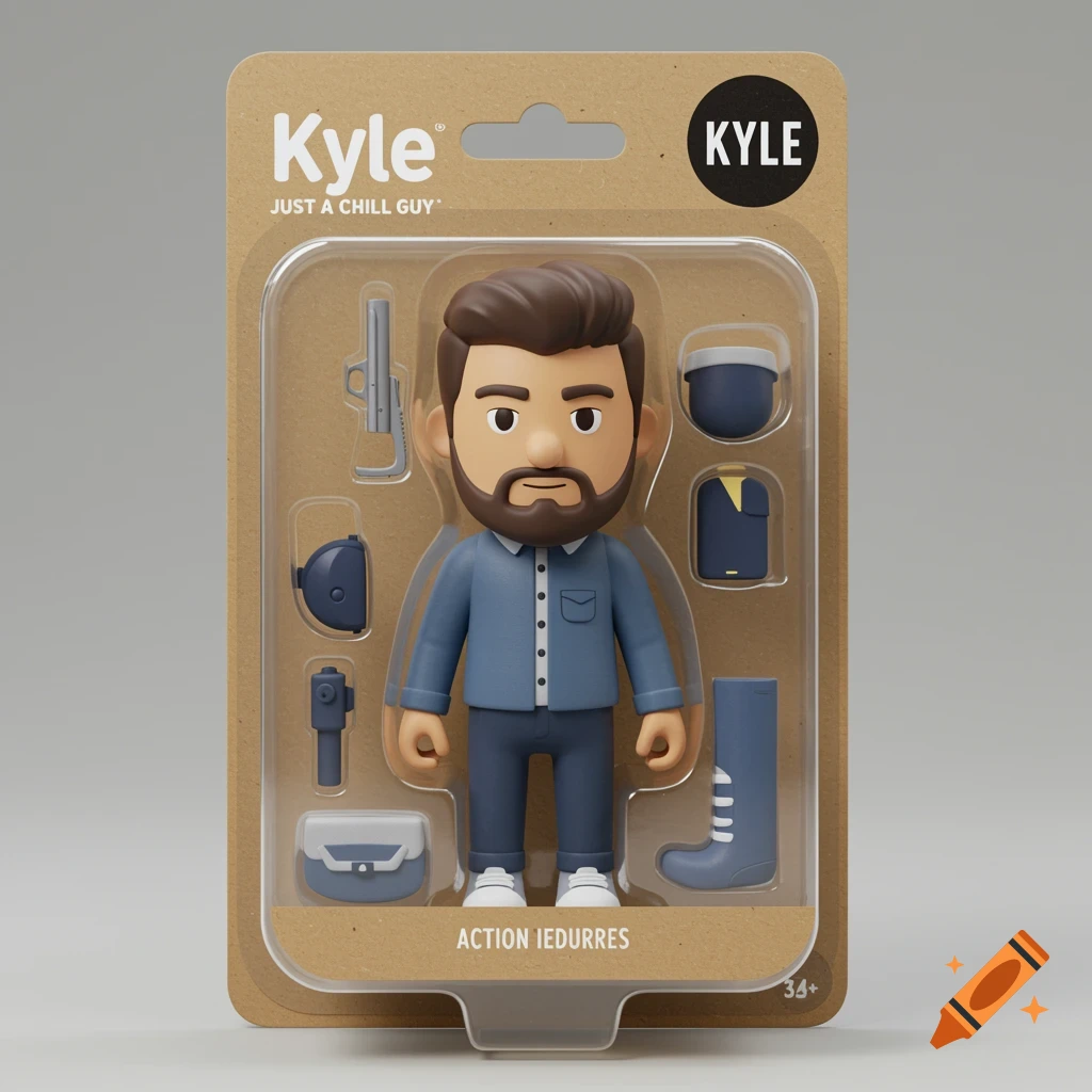 Cartoonish 3D action figure toy named Kyle in blister packaging. on Craiyon