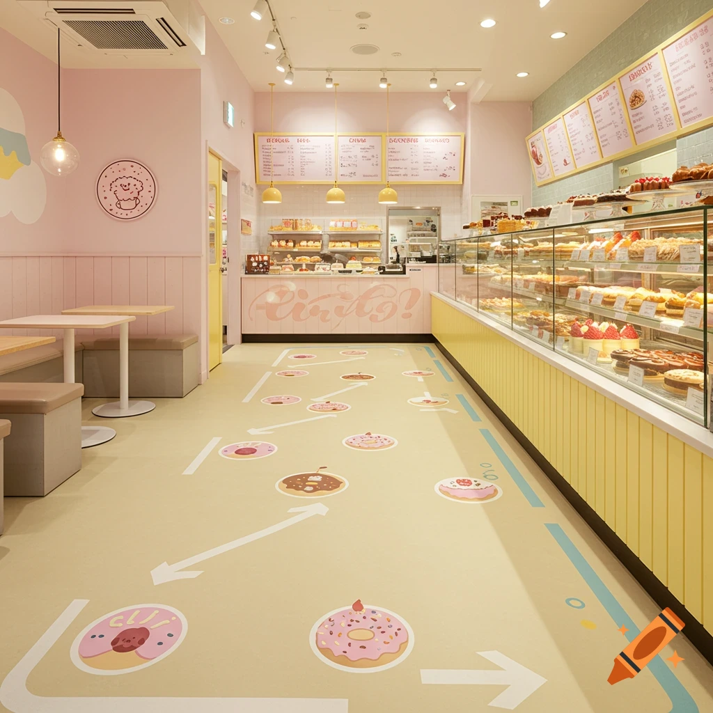 A pastel pink and yellow bakery interior with display cases full of ...