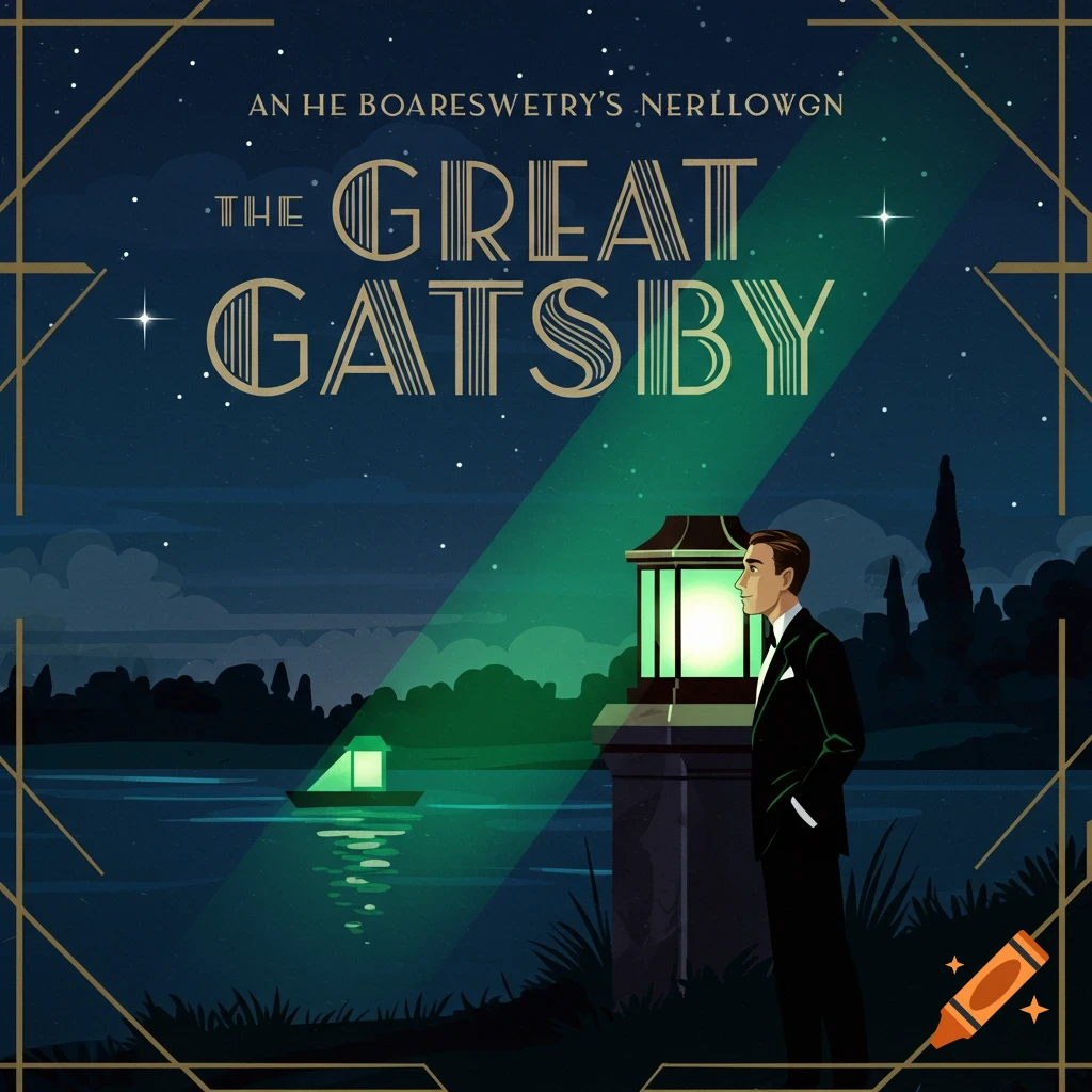 The Great Gatsby book cover featuring the green light and Gatsby on Craiyon