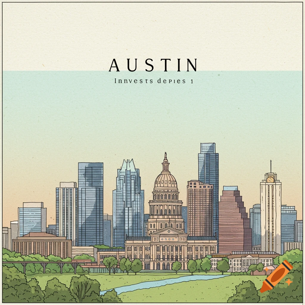 Sketch of the Fort Worth, Texas skyline with a fountain. on Craiyon