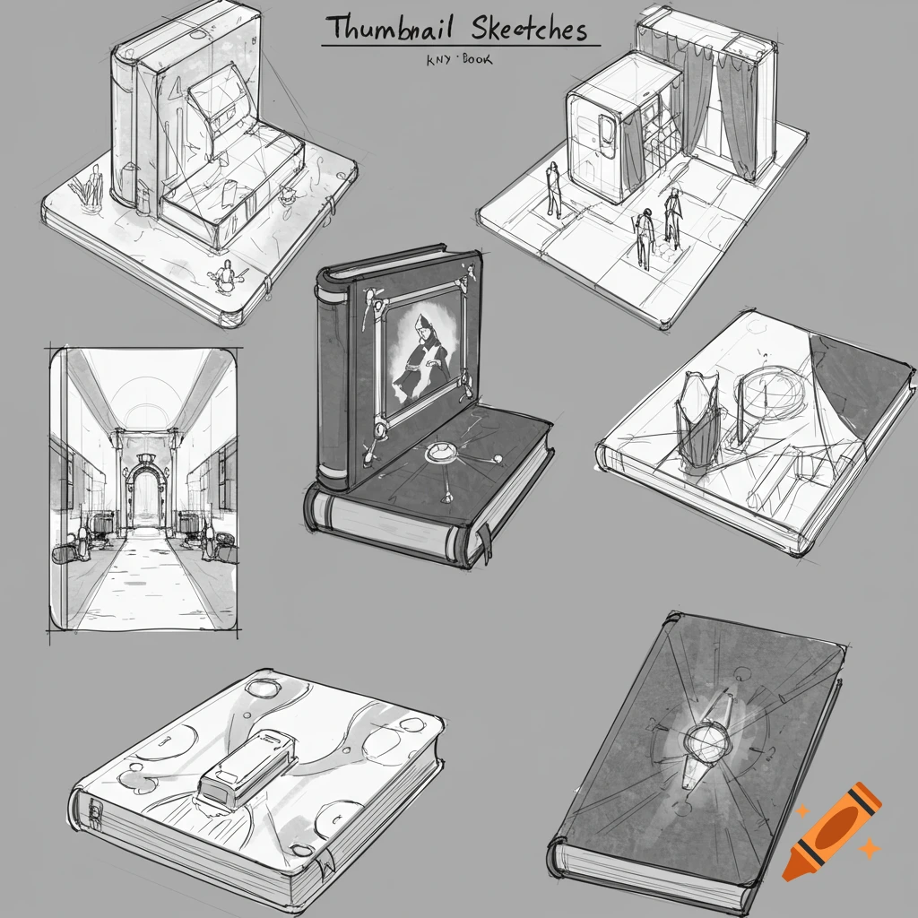 Thumbnail sketches for book cover design on Craiyon