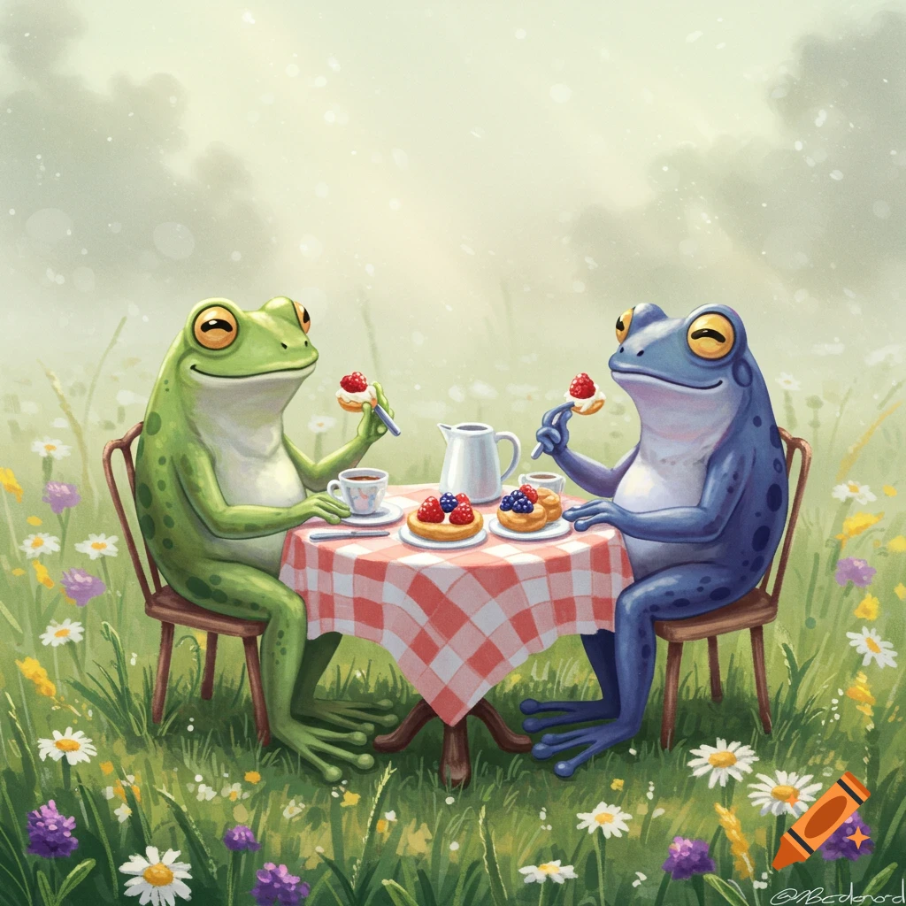 Two cartoon frogs having breakfast at a table in a flowery field. on ...