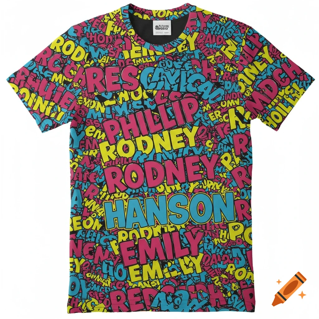 T-shirt design with scrambled, colorful lettering of names on Craiyon