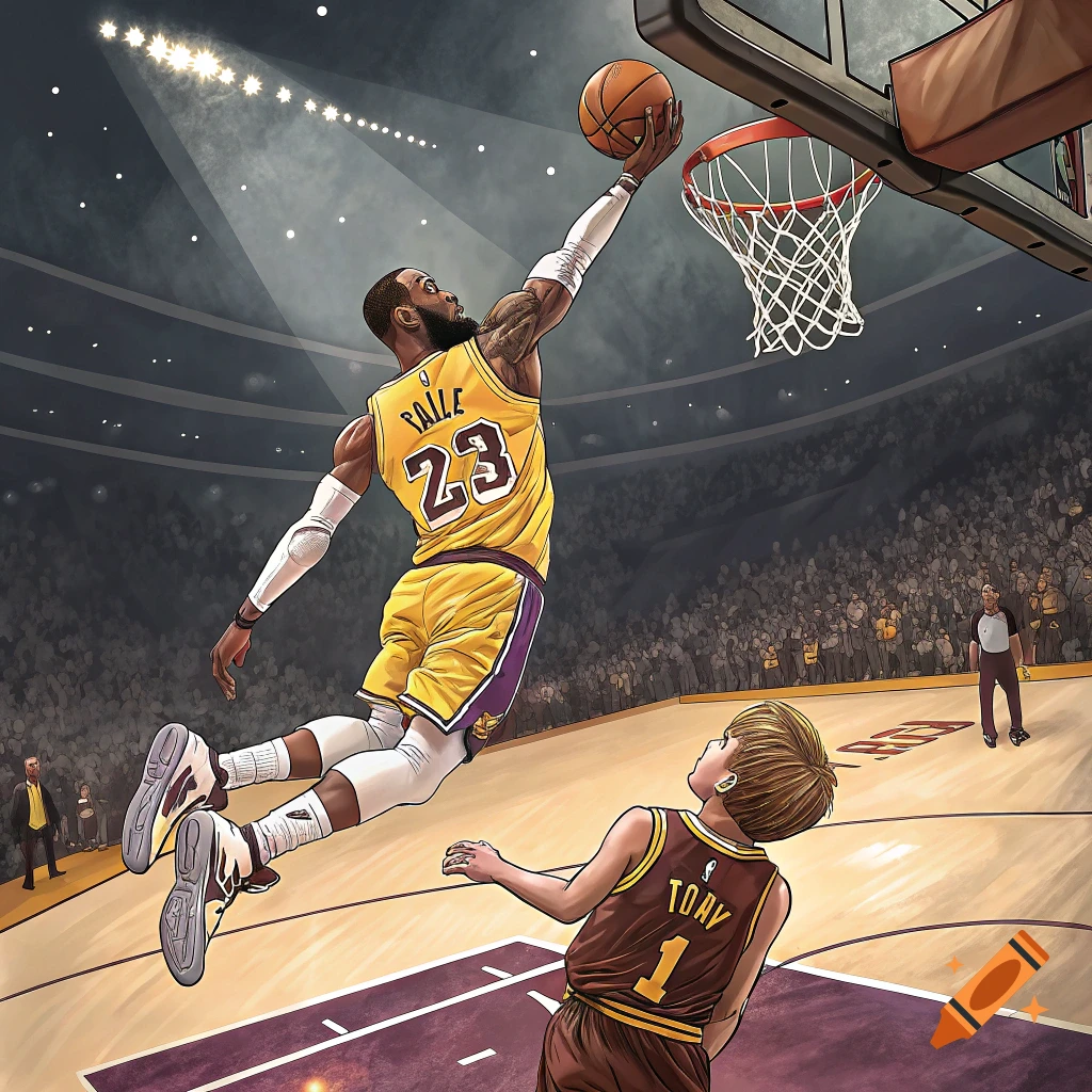 Lebron James performing a slam dunk over Lil Tay on Craiyon