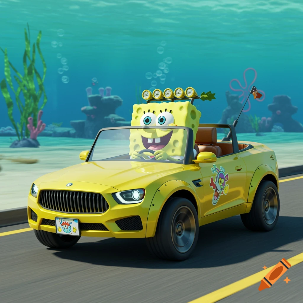 SpongeBob SquarePants drives a yellow convertible through an underwater ...