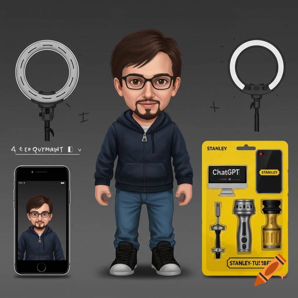 Action figure toy with cell phone, ring light, computer with ChatGPT ...