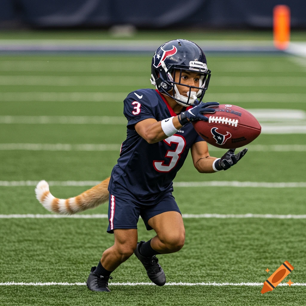 Ginger cat in Houston Texans jersey catching football on Craiyon