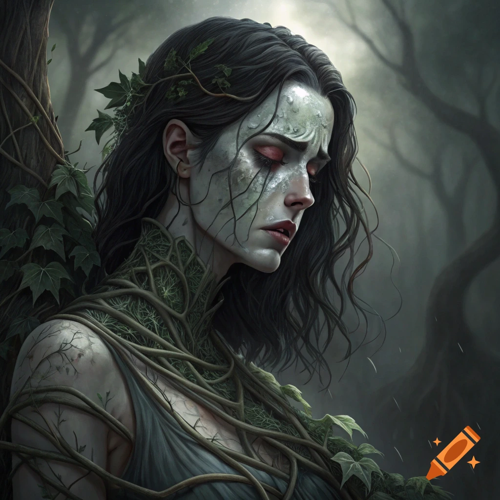 Black-haired white villain with vines, sad and defeated on Craiyon