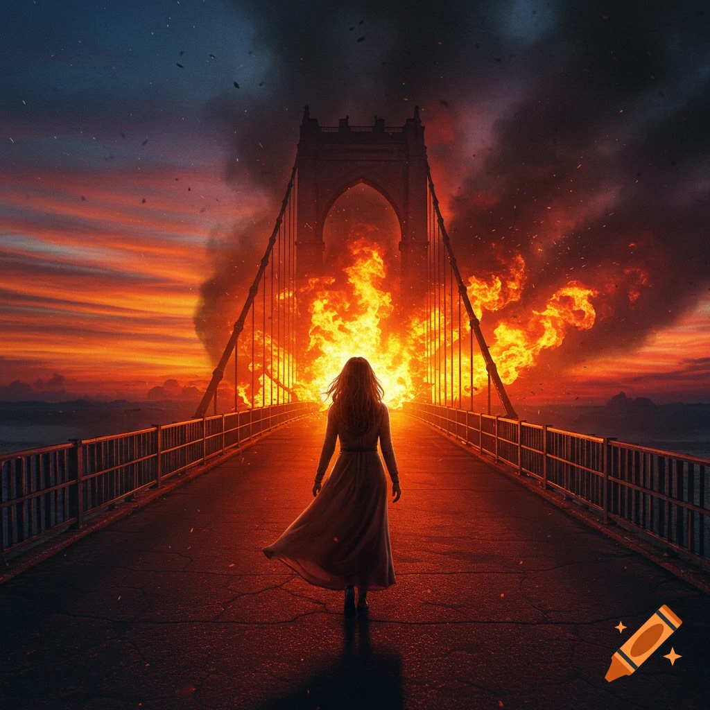 A woman walks away from a burning bridge at sunset. on Craiyon