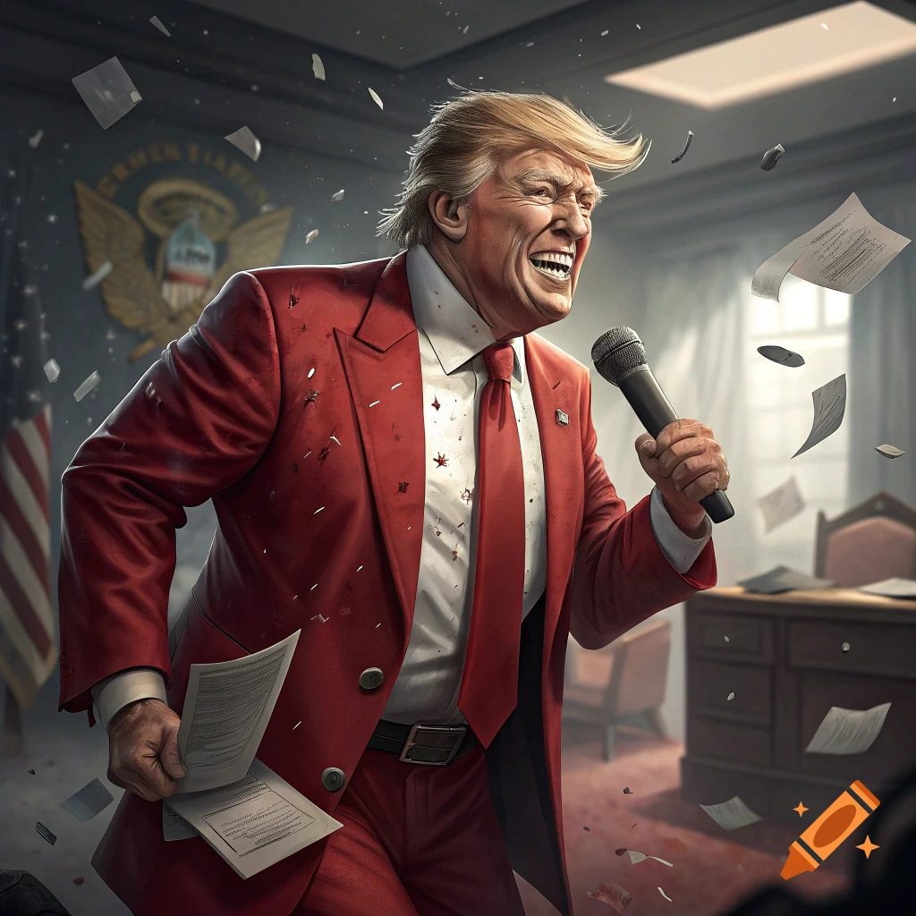 Caricature of Donald Trump in red suit speaking into microphone, papers ...