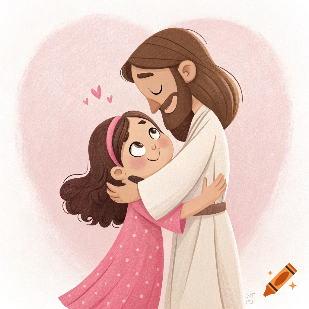 Illustration of Jesus hugging a young girl in a pink dress with a pink ...