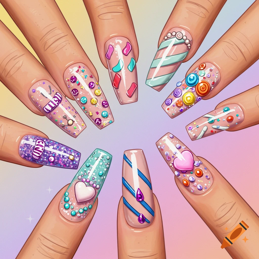 Illustration of a hand with black nails featuring designs: cat eye, "ATE SKZ" text, heart, and ...