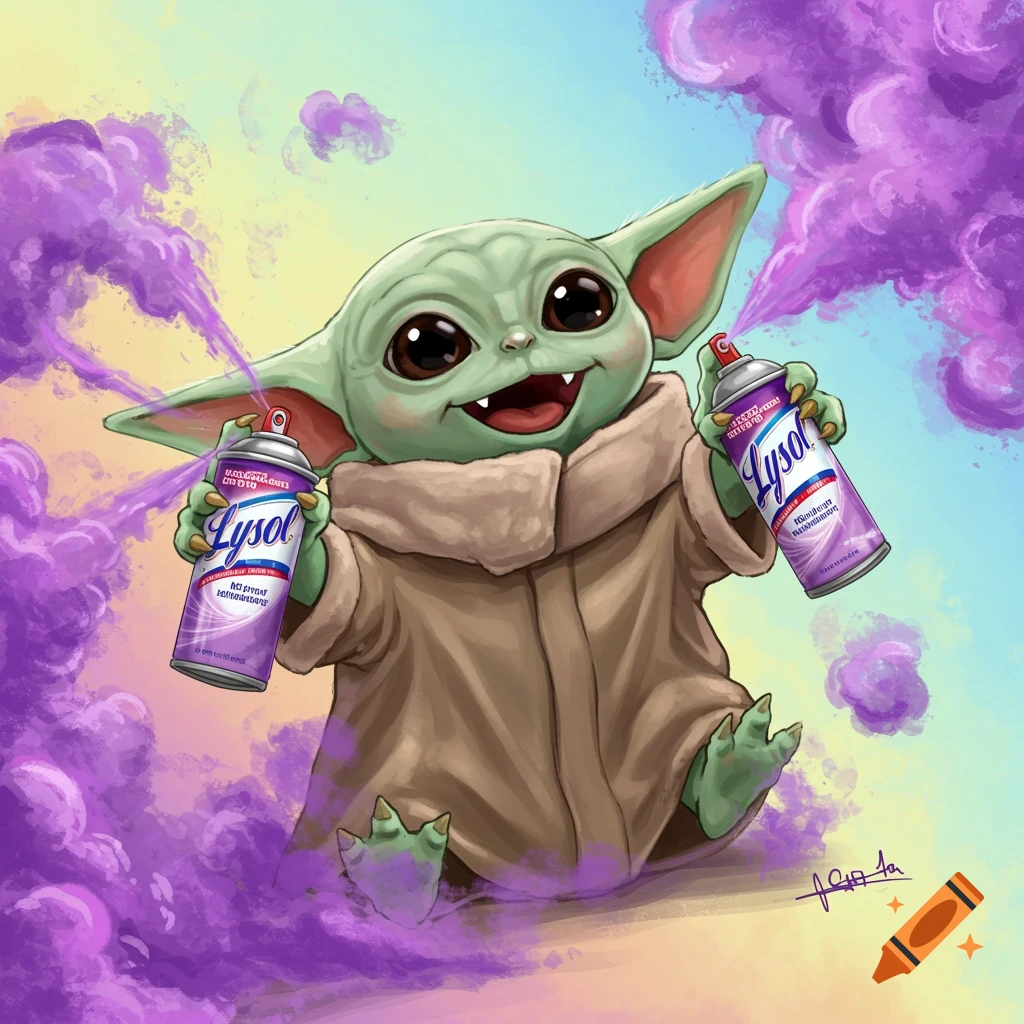 Grogu spraying purple Lysol cans while laughing evilly on Craiyon