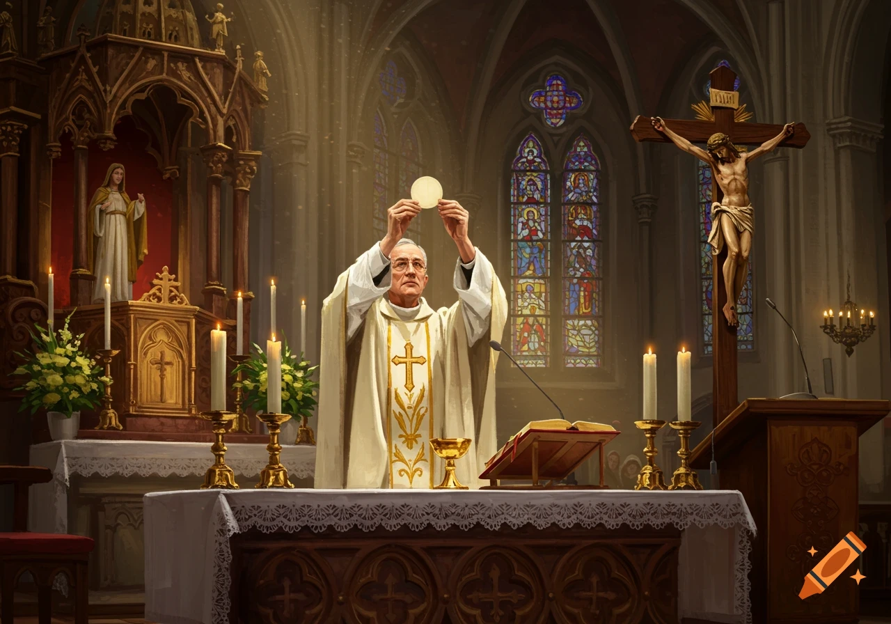 Medieval Latin Mass with Priest Raising Host on Craiyon