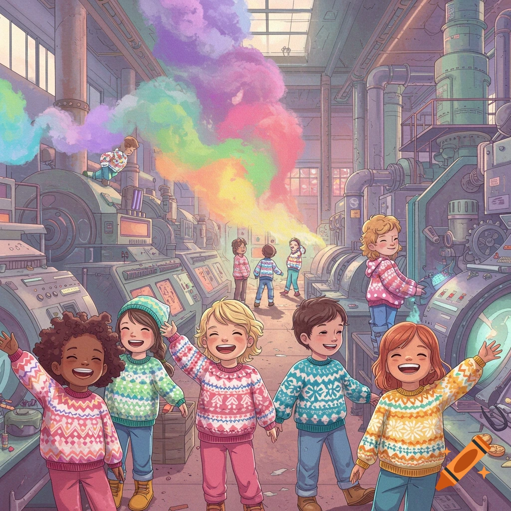 Factory with happy kids and sweaters on Craiyon