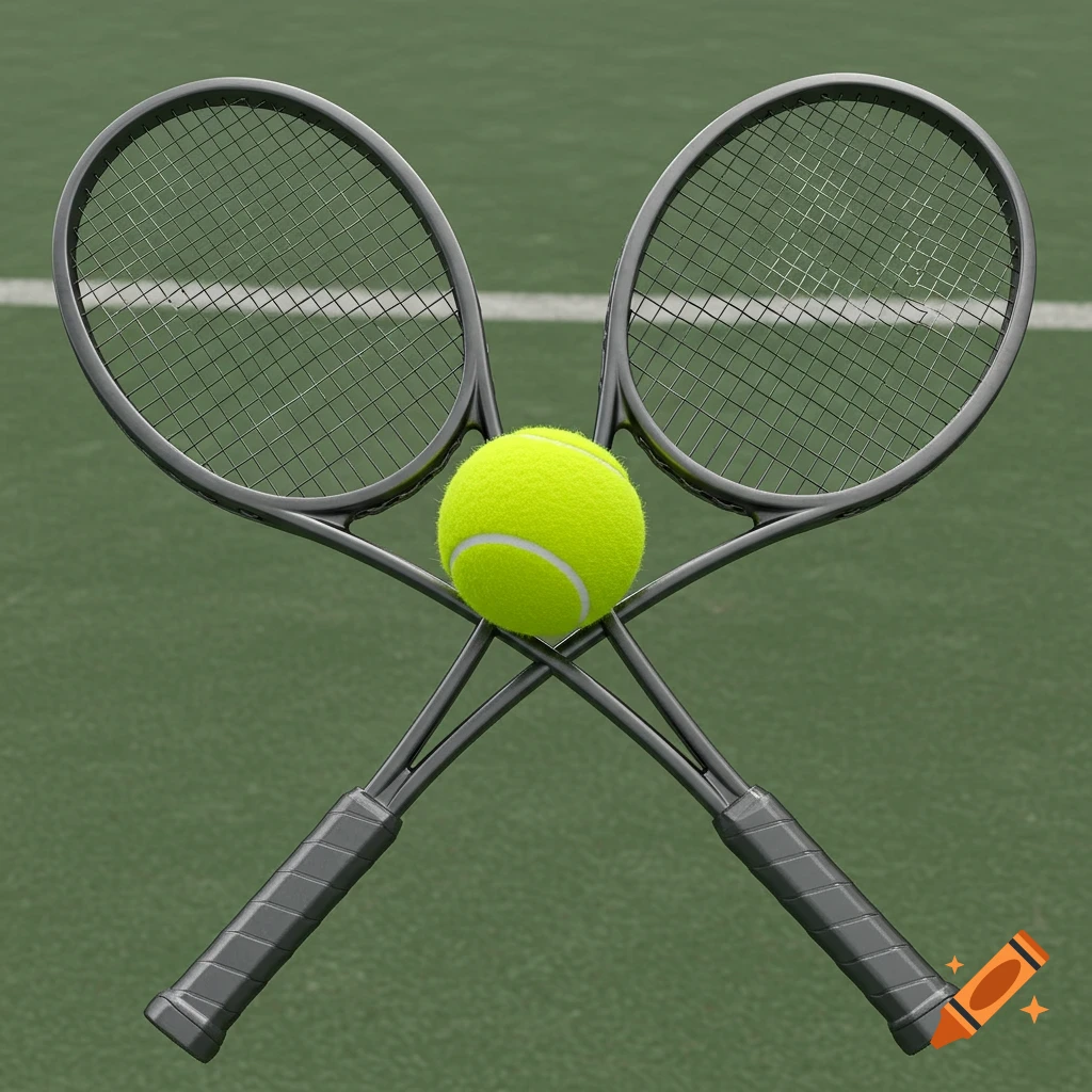 Two crossed tennis rackets with a ball on a green court. on Craiyon