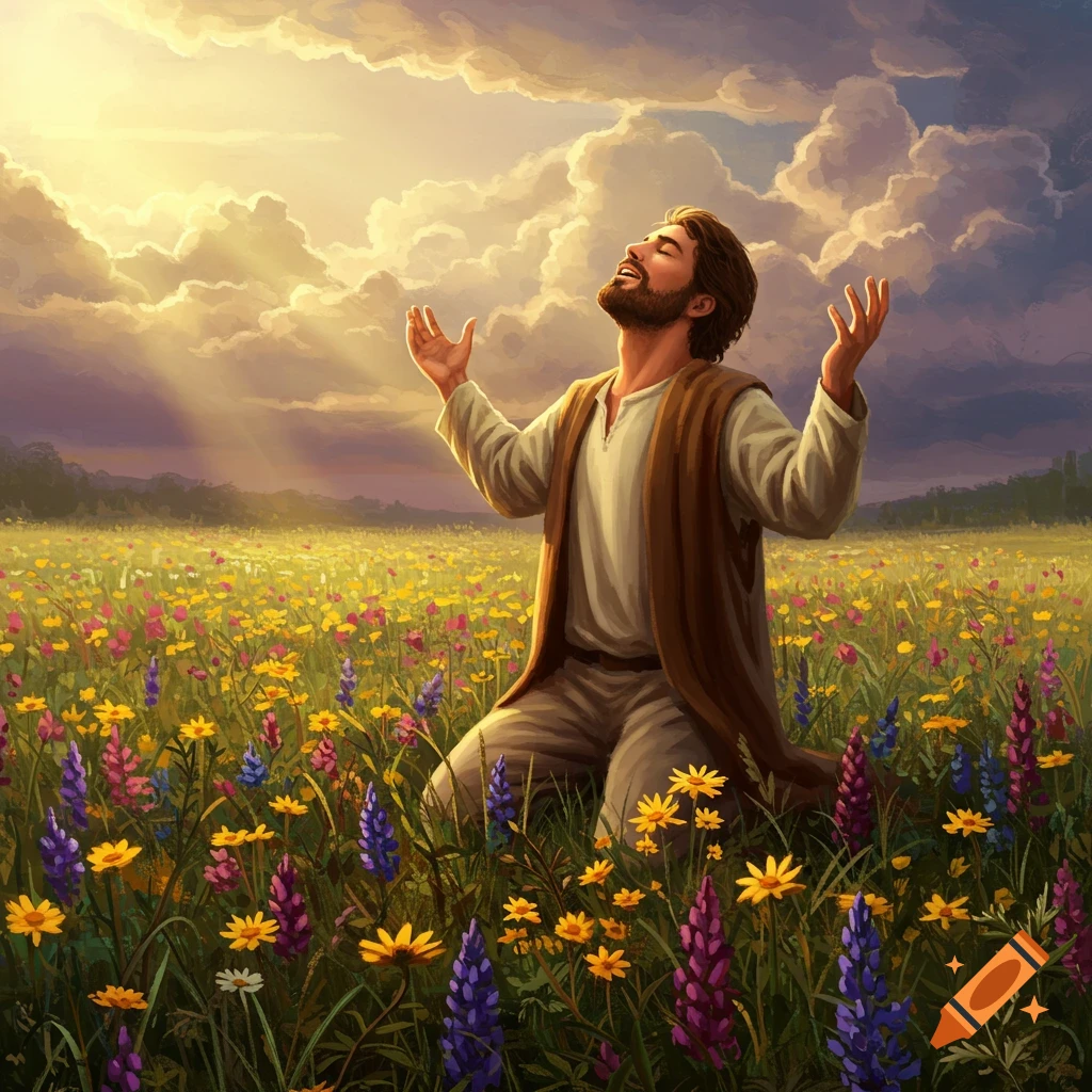 Man praising God in a field of flowers on Craiyon
