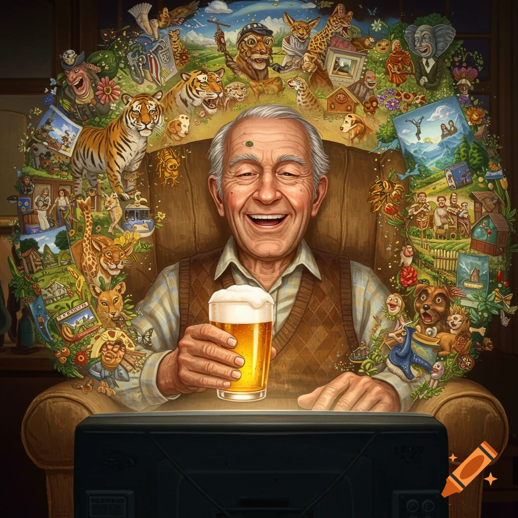 A happy old man watches TV with a beer, surrounded by a swirl of ...