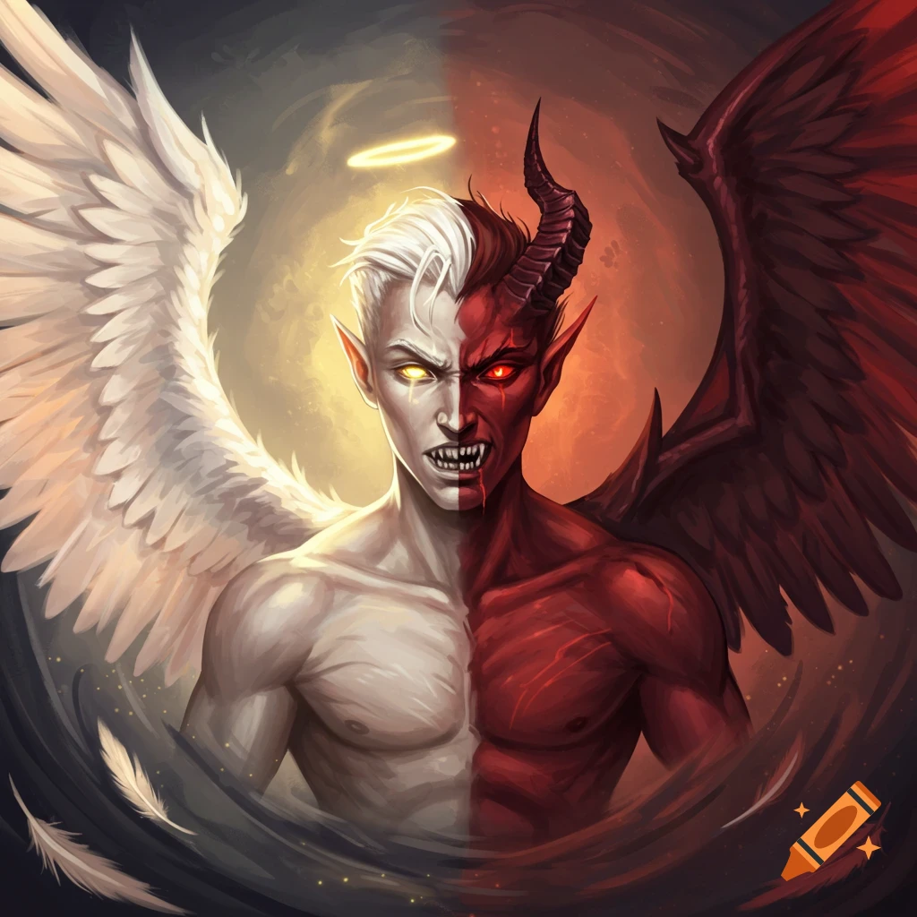 Face split in half, one side red devil with a horn, the other side a ...