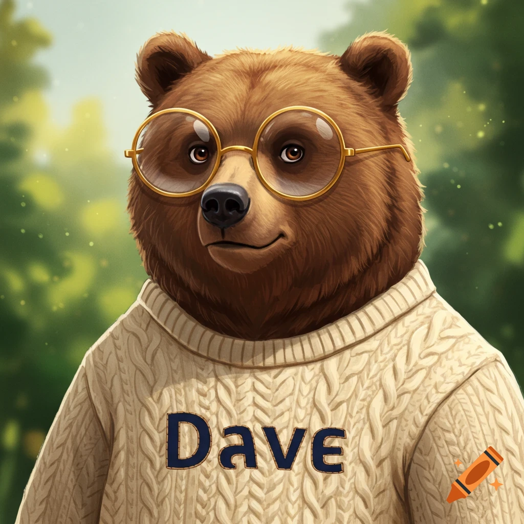 A bear wearing glasses and a sweater that says DAVE on Craiyon