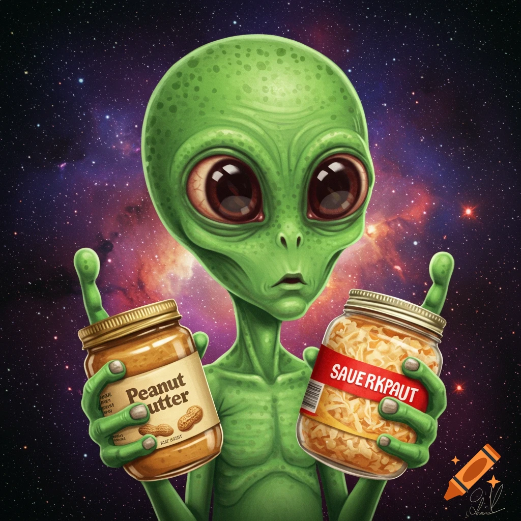 Alien holding peanut butter and sauerkraut on Craiyon