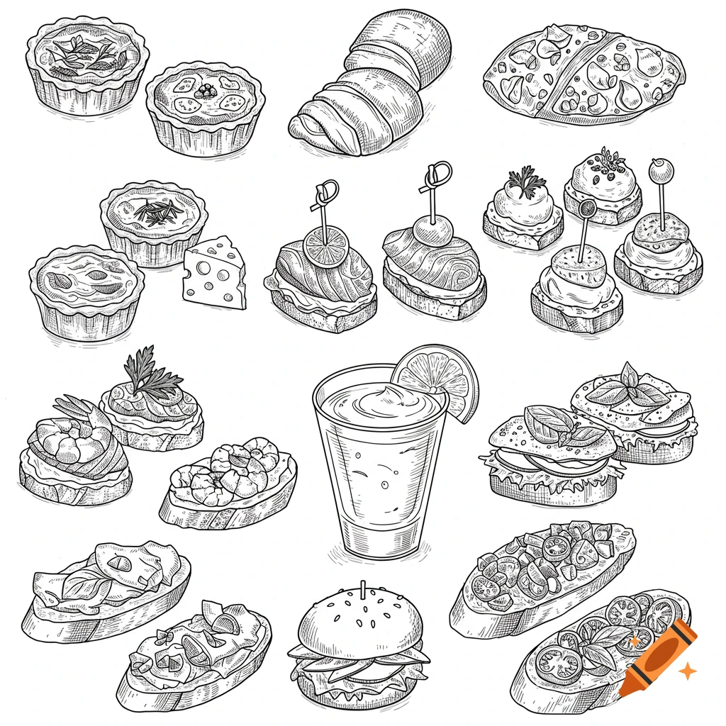 Cartoon line art of anthropomorphic objects including teapots, a coffee ...