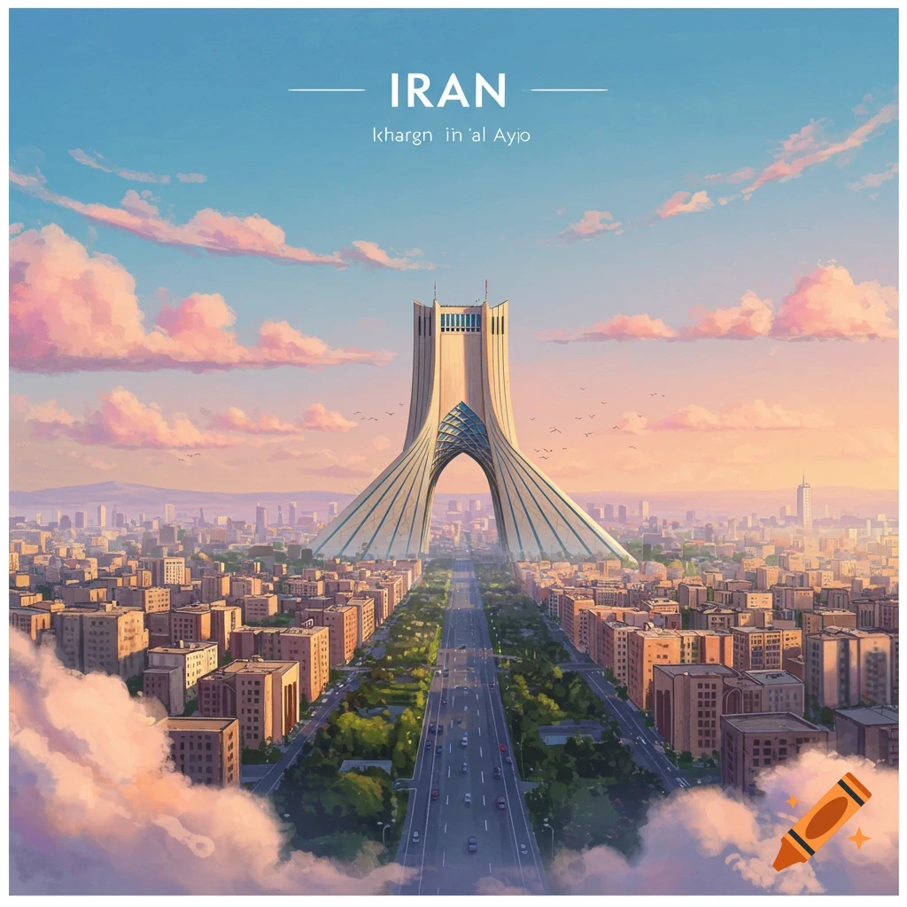 Stylized image of the Azadi Tower landmark in Tehran above a cityscape ...