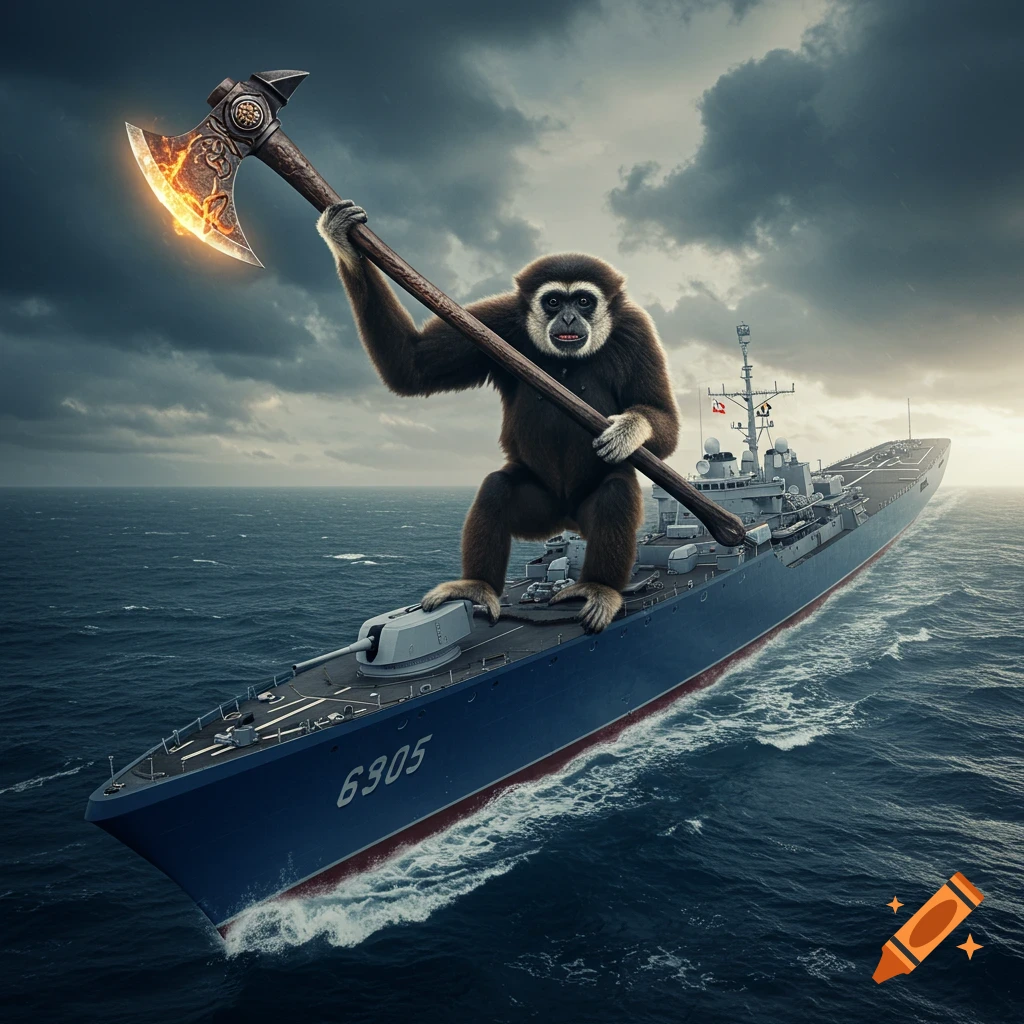 Photorealistic gibbon with fire axe on navy ship on Craiyon