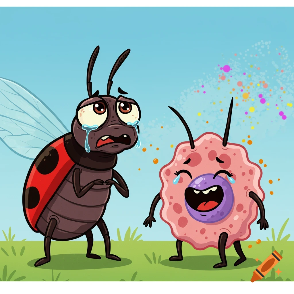 Cartoon illustration of a crying ladybug next to a laughing human cell ...