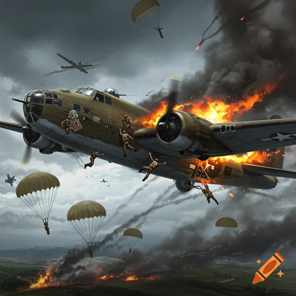 WW2 bomber plane on fire, people jumping on Craiyon