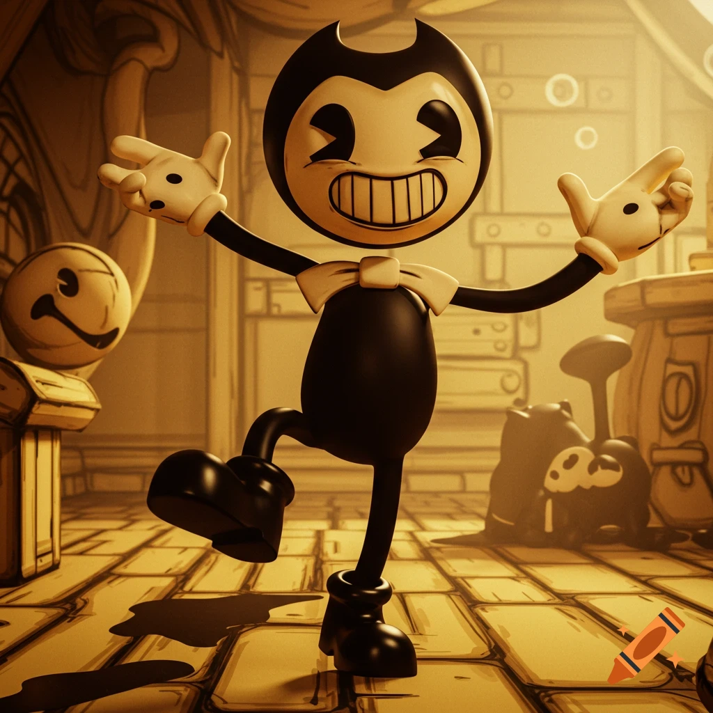 A black and white 1930s-style cartoon character resembling Bendy stands ...