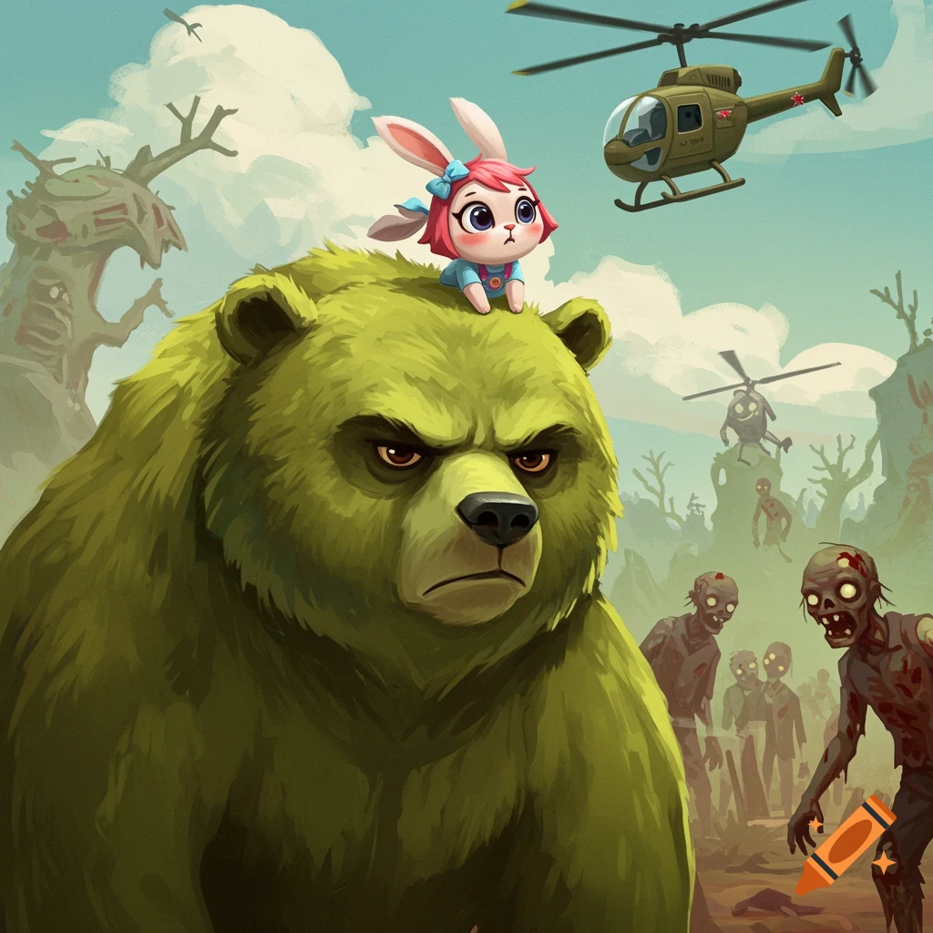 Grumpy green bear with a tiny girl bunny, helicopter and zombies in ...